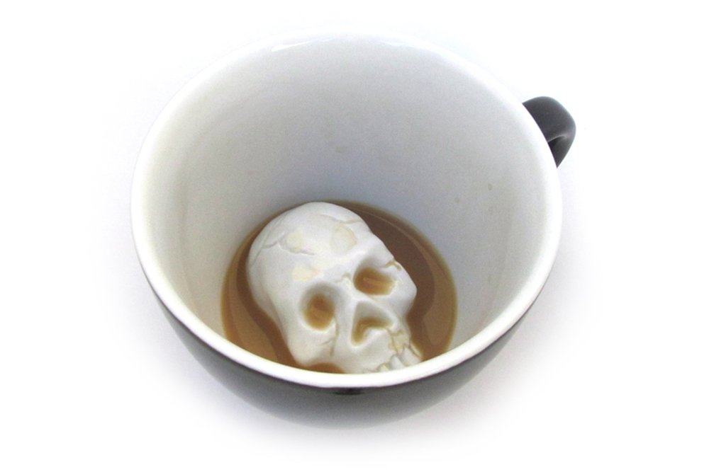 Creature Cups SKULL Ceramic Cup (11 Ounce, Black Exterior) | Hidden 3D Creature Inside Mug Emerges As You Drink | Spooky Creepy Coffee & Tea Cup
