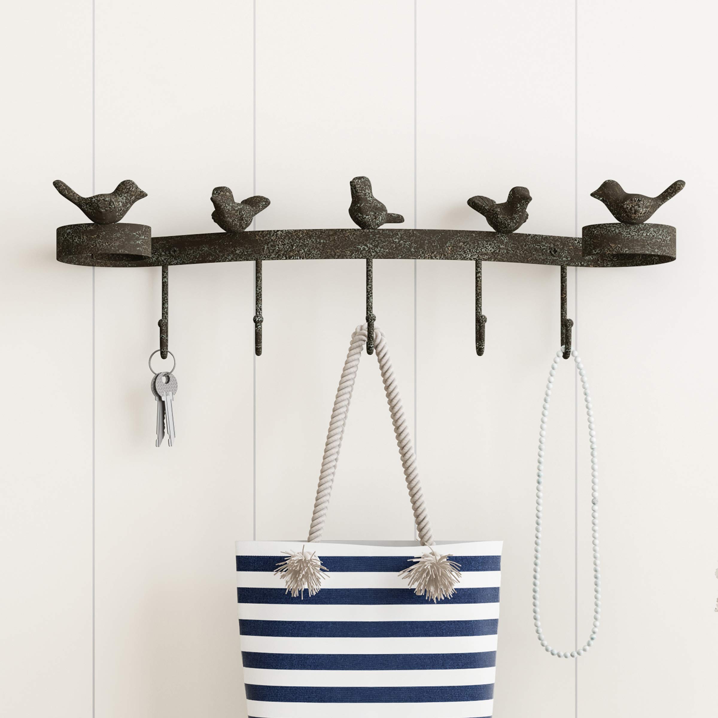 Lavish Home Decorative Birds on Ribbon Cast Iron Shabby Chic Rustic Wall Mount Hooks for Coats, Towels, Hats, Scarves, Jewelry, and More, (L) 19.25”x (W) 3.75”x (H) 6”