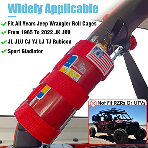 Fire Extinguisher Holder Roll Bar Adjustable Strap Brackets Fits for Jeep Wrangler Unlimited CJ YJ TJ LJ JK JKU JL JLU,Red with USA Flag Pattern