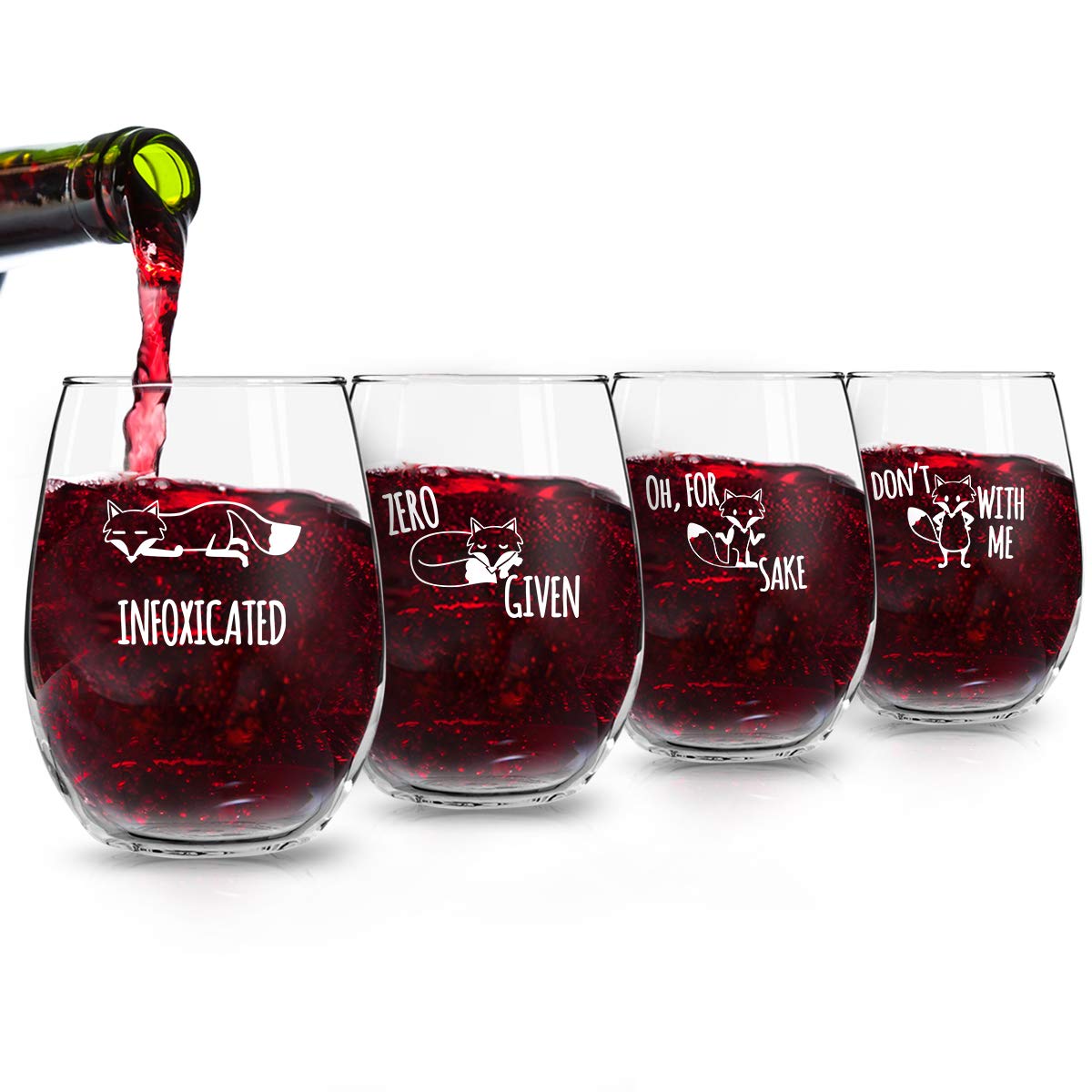 Funny Stemless Wine Glass Set | The Fox Series Pack of 4 Glasses Set | Infoxicated, Zero Fox Given, Oh for Fox Sake, Don't Fox with Me | Novelty Glasses With Cute Sayings for Women, Her | Made in USA