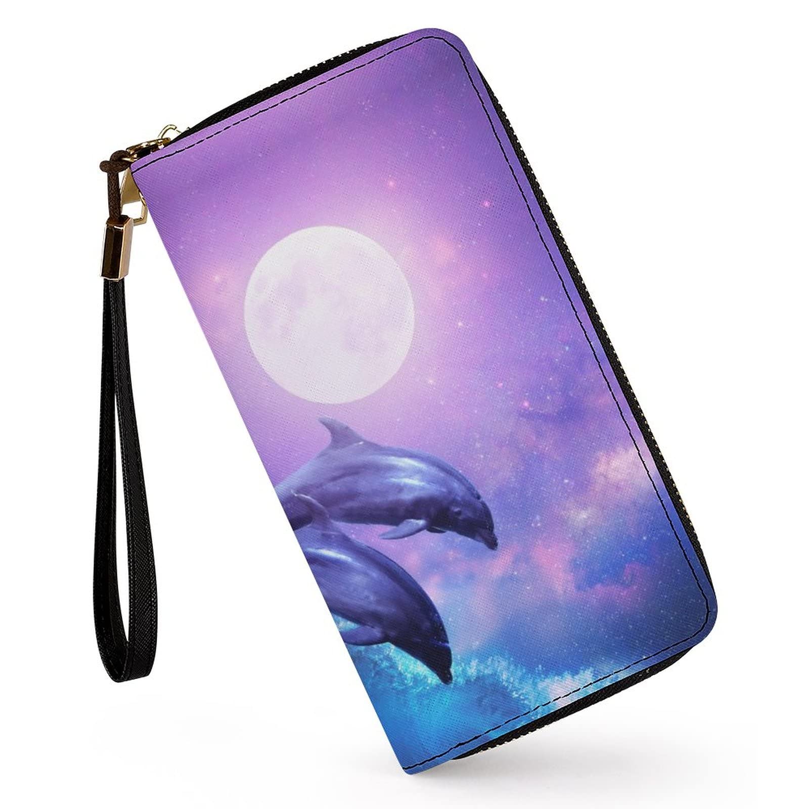 FKLCTIN Beautiful Dolphins Surfing Wave Womens Wallet PU Leather Large Wristlet Phone Holder Zip Around Clutch Purse