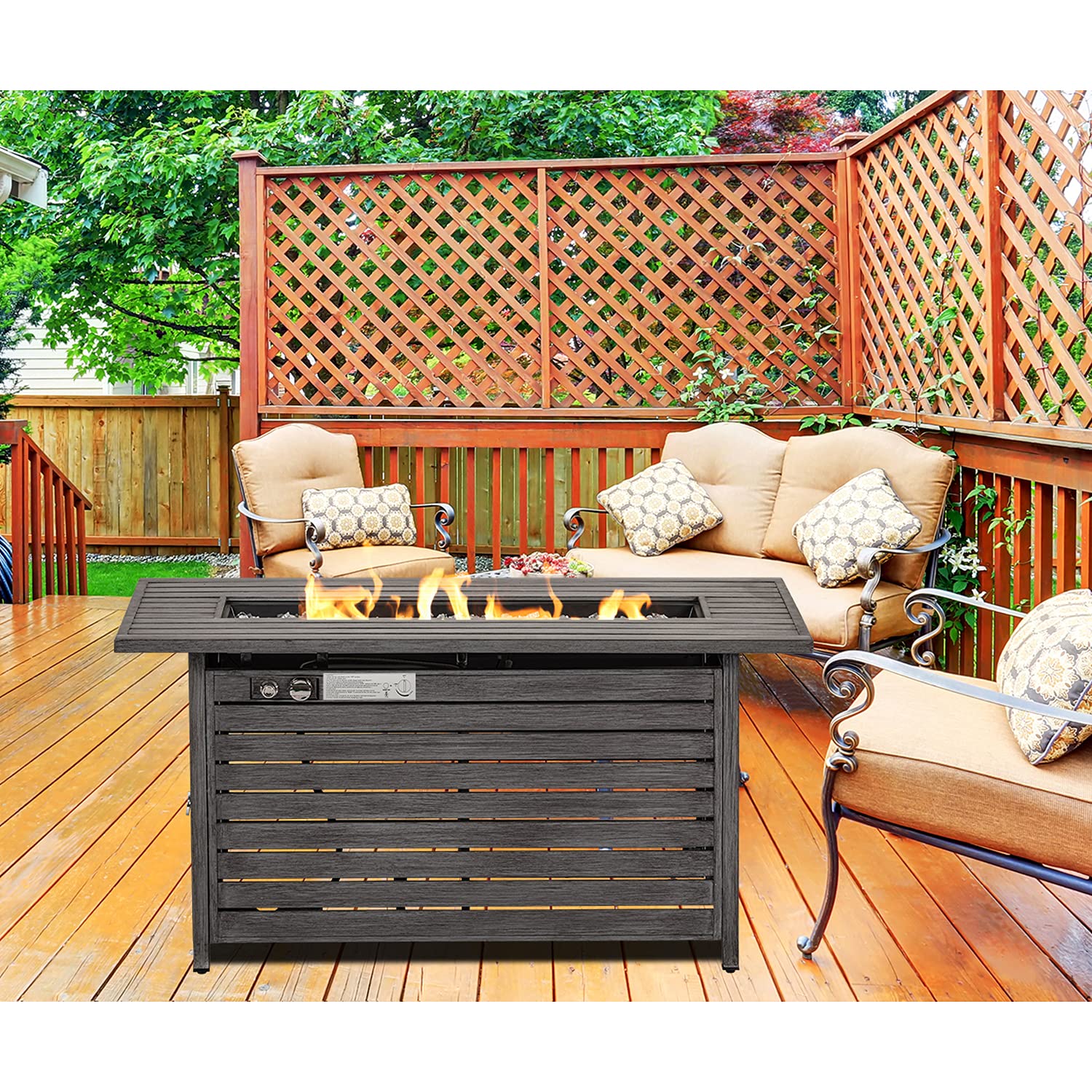 HOMPUS Outdoor Propane Fire Pit, 46-inch x 25-inch Rectangle 40,000 BTU Auto-Ignition Propane Fire Pit Table w White fire Glass and Rain Cover for Outside Leisure Party