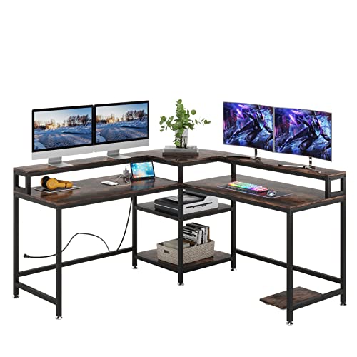 TIYASE L Shaped Desk with Power Outlet and USB Port, 59 in L-Shaped Computer Corner Desk with Storage Shelves, Home Office Desk Workstation with Monitor Stand, Tower Shelf, Rustic Brown