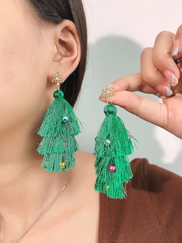 Christmas Earrings for Women Lightweight Christmas Tree Tassel Beaded Earrings Bohemian Dangle Drop Green Earrings, Handmade Bead Xmas Tree Earring for Women Gift