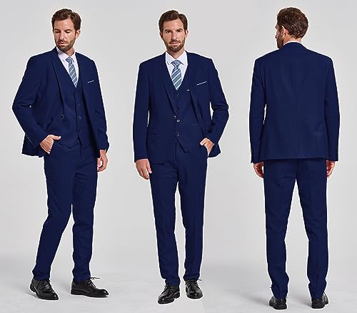 MYS Men's 3 Piece Slim Fit Suit Set, One Button Solid Jacket Vest Pants with Tie Deep Blue