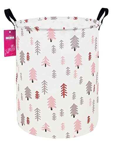 INGHUA Laundry Hamper Large Canvas Fabric Lightweight Storage Basket/Toy Organizer/Dirty Clothes Collapsible Waterproof for College Dorms, Boys and Girls Bedroom,Bathroom(Pink pine tree)