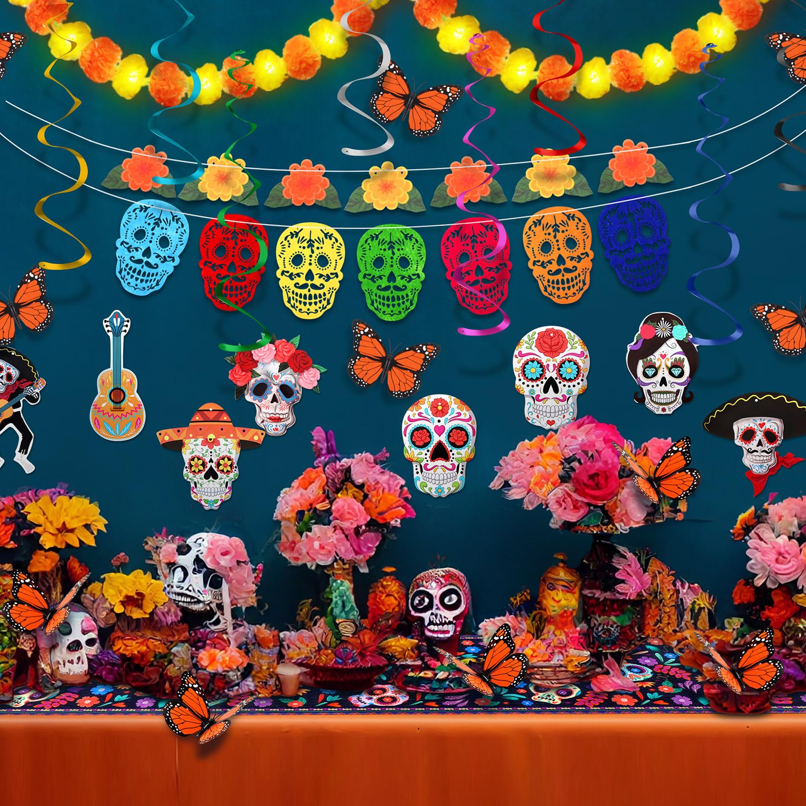 Hotop 39 Pcs Day of the Dead Decor Set Altar De Ofrendas Marigold Garland String Lights Dia De Los Muertos Table Runner Mexican Party Banners Skull Hanging Swirl Monarch Butterfly (Orange and Yellow)