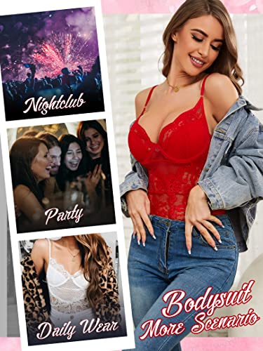 popiv Women Lace Bodysuit Sexy Mesh Teddy Lingerie Cami Bustier Tops Going Out Tank Top