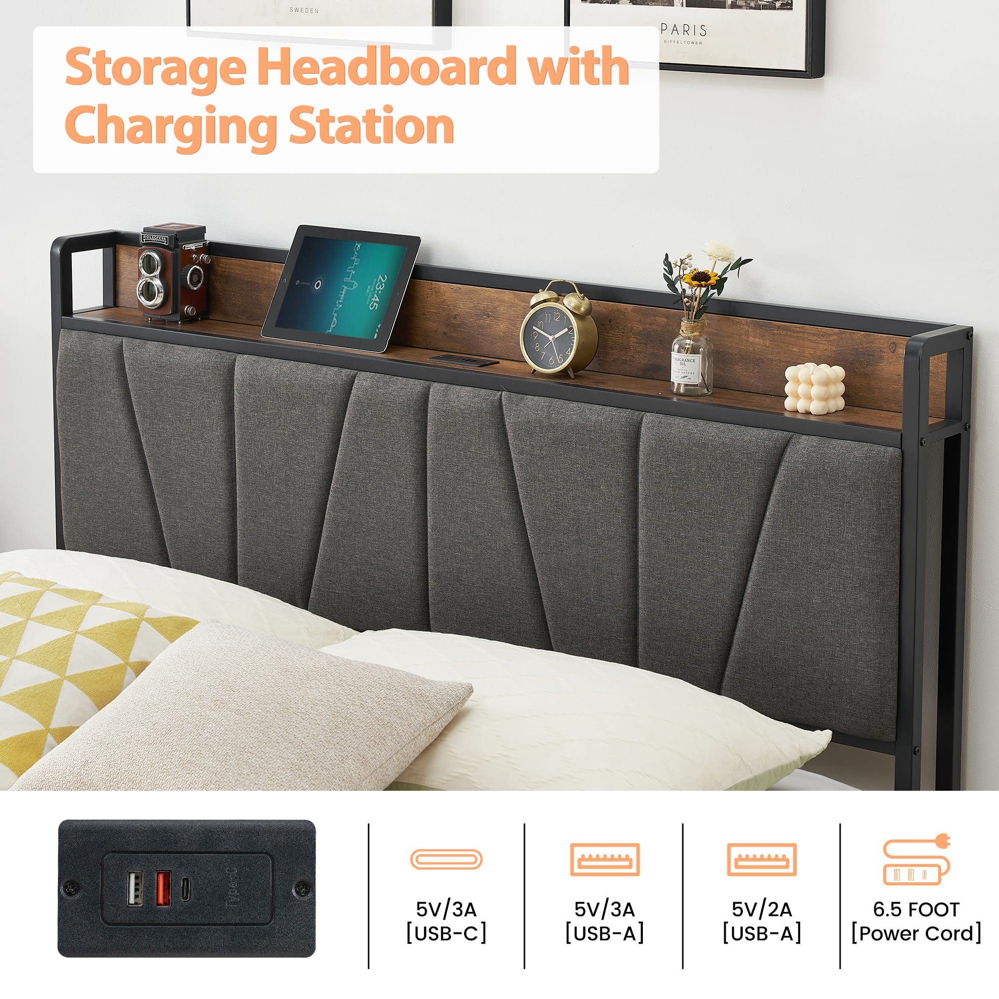 IDEALHOUSE Twin Size Bed Frame with 2 Storage Drawers and Charging Station, Upholstered Platform Bedframe with Storage Headboard, Heavy Duty, No Box Spring Needed, Easy Assembly, Noise Free, Grey