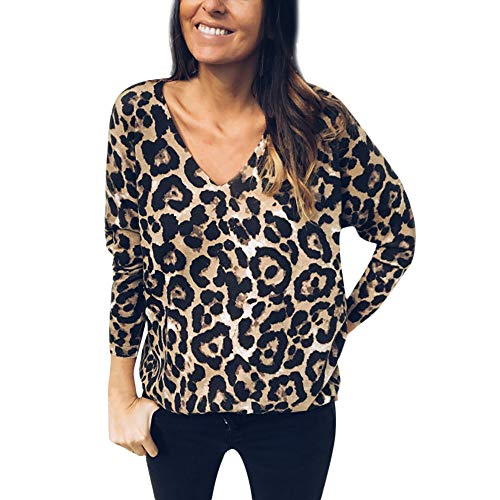 T-shirt for Women THENLIAN Women Plunge V Neck Leopard Print T-shirt Top Long Sleeve Autumn Blouse (Multicolor, L)