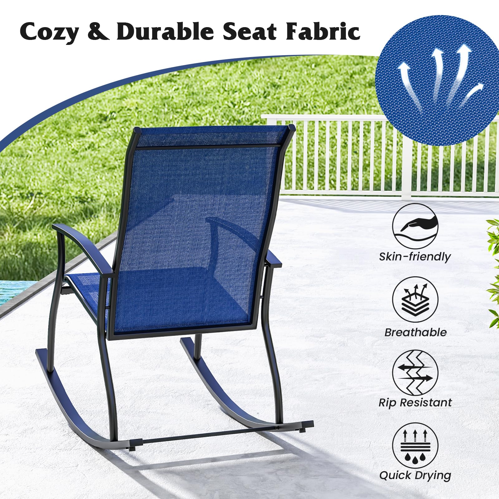 Giantex Outdoor Rocking Chair Set of 2 - Patio Rocking Chairs w/Breathable Backrest, Sturdy Metal Frame & Safe Ergonomic Design, Cozy Fabric Rocker for Backyard, Poolside, 330 lbs, Navy