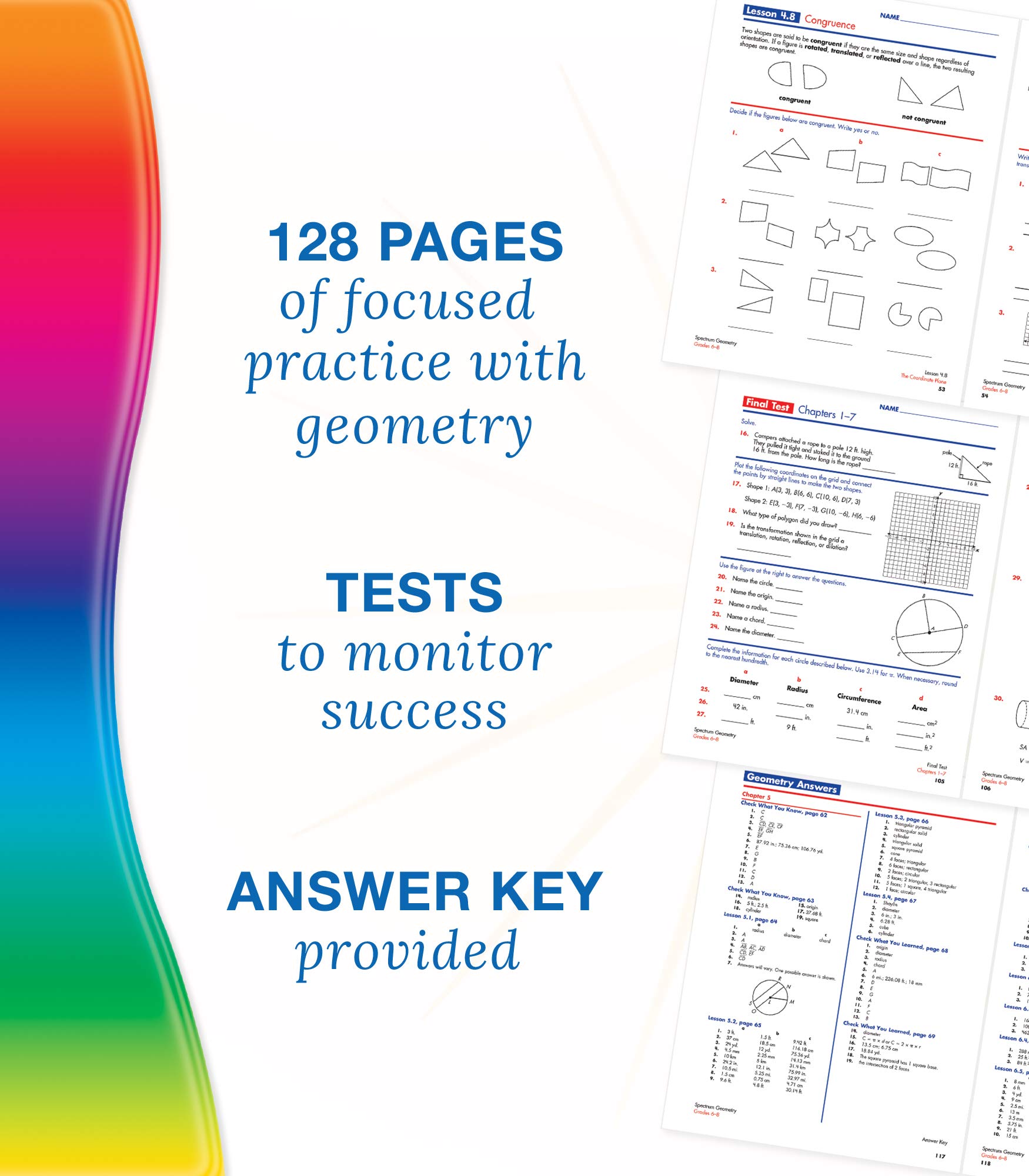 Spectrum Grades 6 - 8 Geometry Workbook, Ages 11 to 14, Geometry Math Workbook, Angles, Shapes, Coordinate Plane, Perimeter, Area, and Volume, Focus on Points, Lines, Rays, and Polygons - 128 Pages