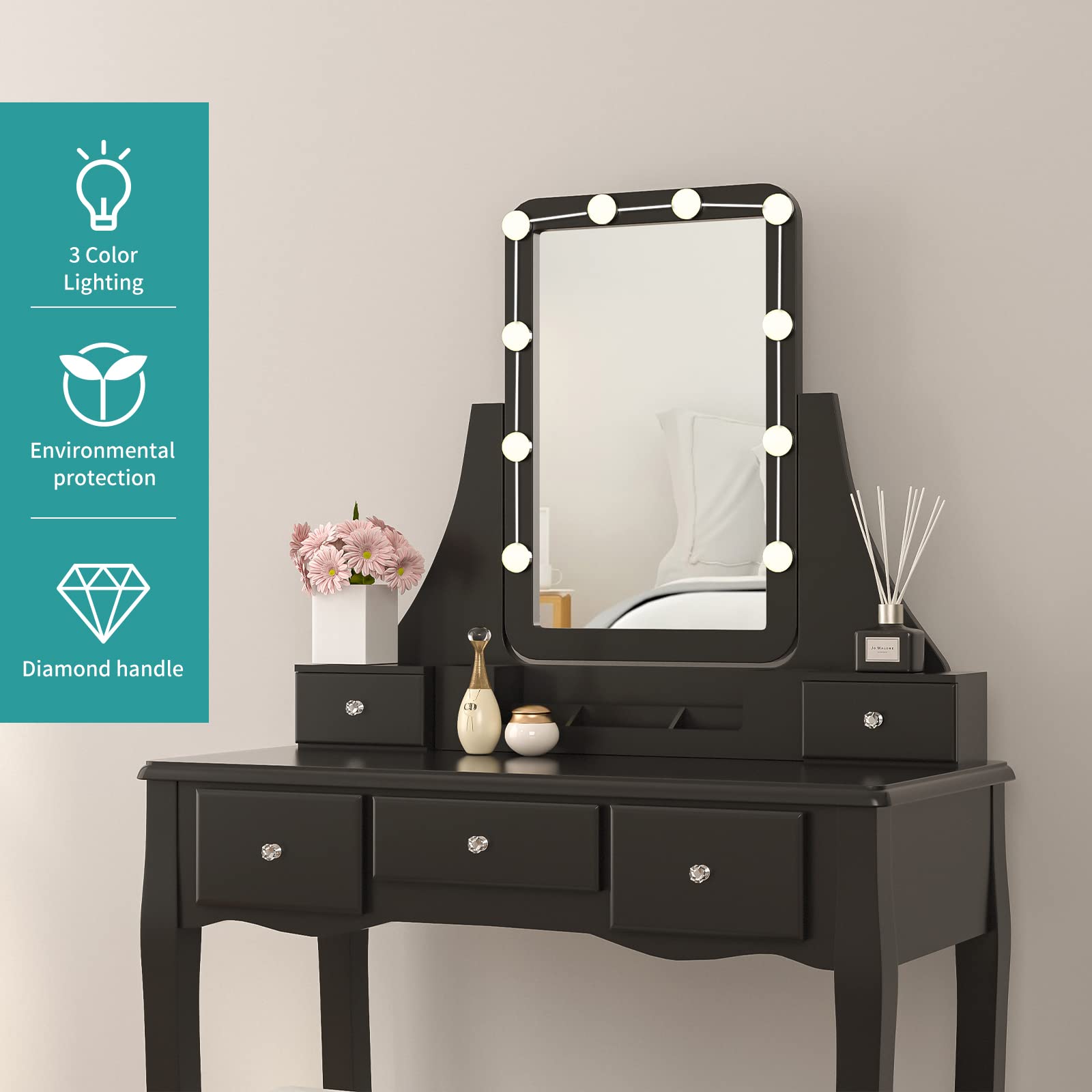 GinguoHome Dressing Table Vanity Set with Lighted Mirror, Makeup Vanity with Tri-Fold Mirror and 10 LED Dimmable Bulbs,Dressing Table with Cushioned Stool&4 Drawers, for Bedroom Vanity Desk Black