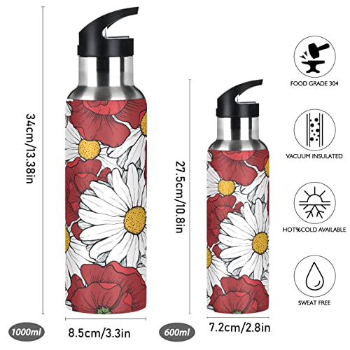 Poppies Daisies Leak Free Insulated Bottles with Handle 32 oz Vaccuum Bottle with Straw Lid Thermal Bottle for Hot & Cold Drinks BAP-Free