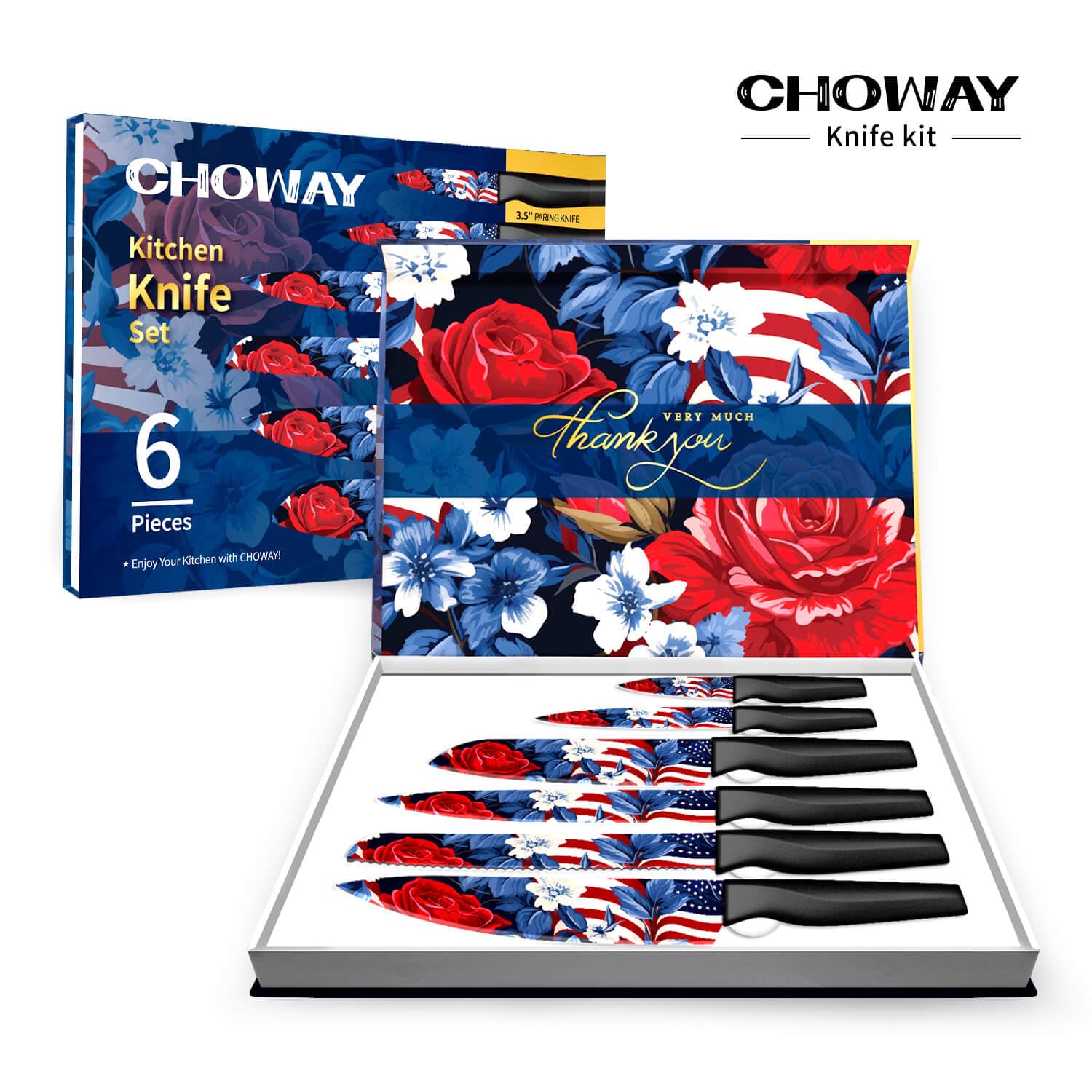 Knife Set, 6-Piece Kitchen Knife Set, German Stainless Steel, Dishwasher Safe, Beautiful Unique Gifts, Freedom, Equality and Justice Patterns