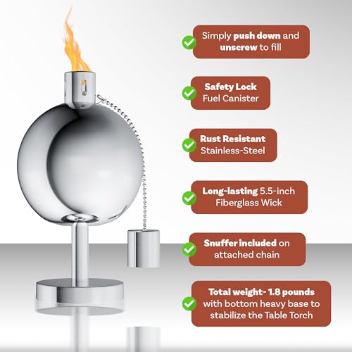 Table Top Torch Canister - 10in Tall Stainless Steel Refillable Citronella Torches Outdoor - Tabletop Torches for Outside Patio or Deck - Oil Lamp Outdoor Lighting by Pure Garden