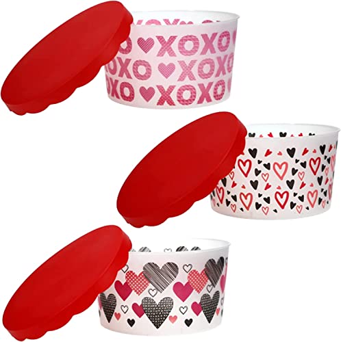 GS Valentines Plastic Tubs with Scallop Lids, Round Food Container for Cookies Candies Gift Canister & Party Favor Home Kitchen Valentines Day Decoration Set of 2 with HFW Bonus Gift (Designs Vary)