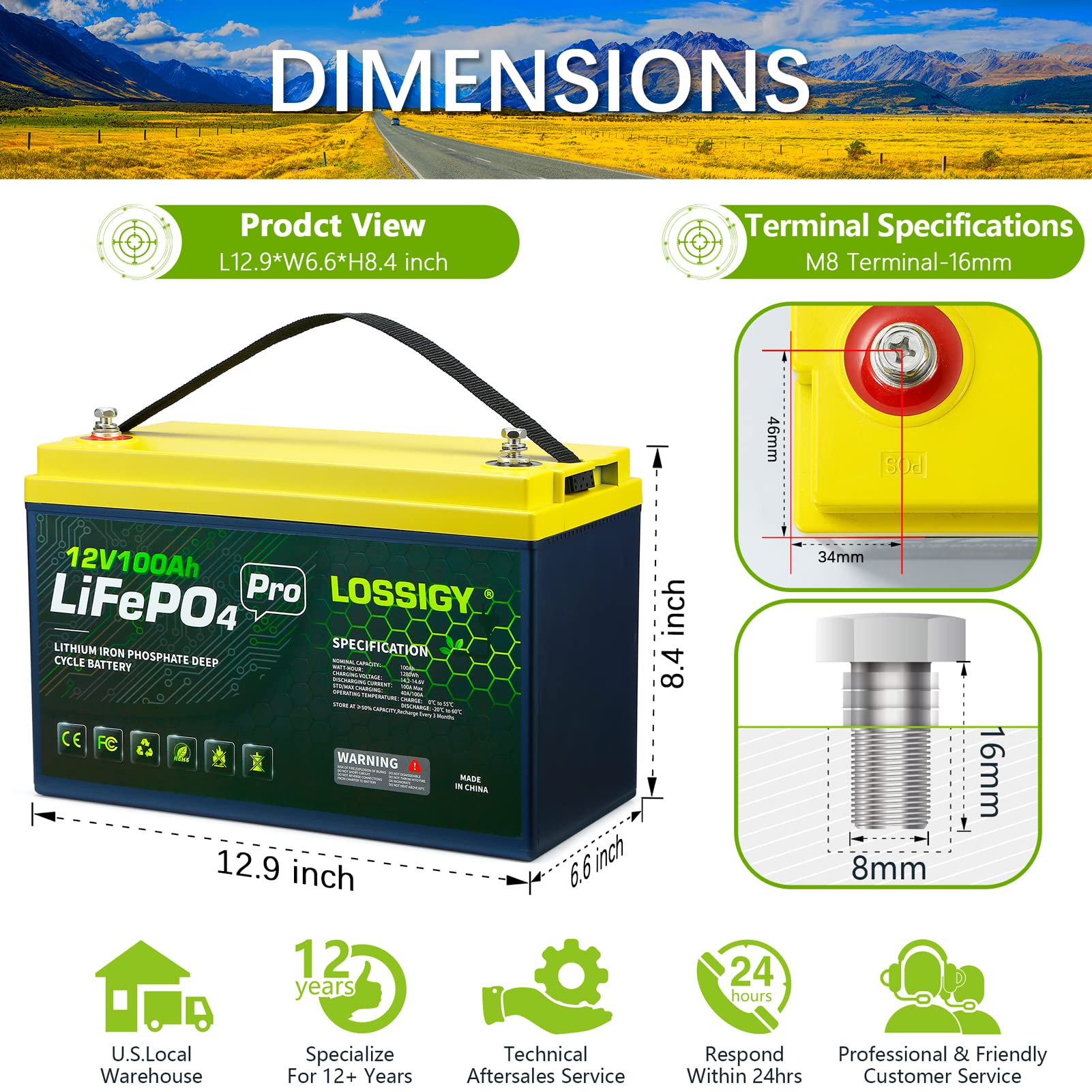 LOSSIGY 12V 100AH LiFePO4 Lithium Battery with 100A BMS, 1280Wh Deep Cycle Power Supply, Perfect for Solar System, RV, Marine, Off Grid, Golf Cart,