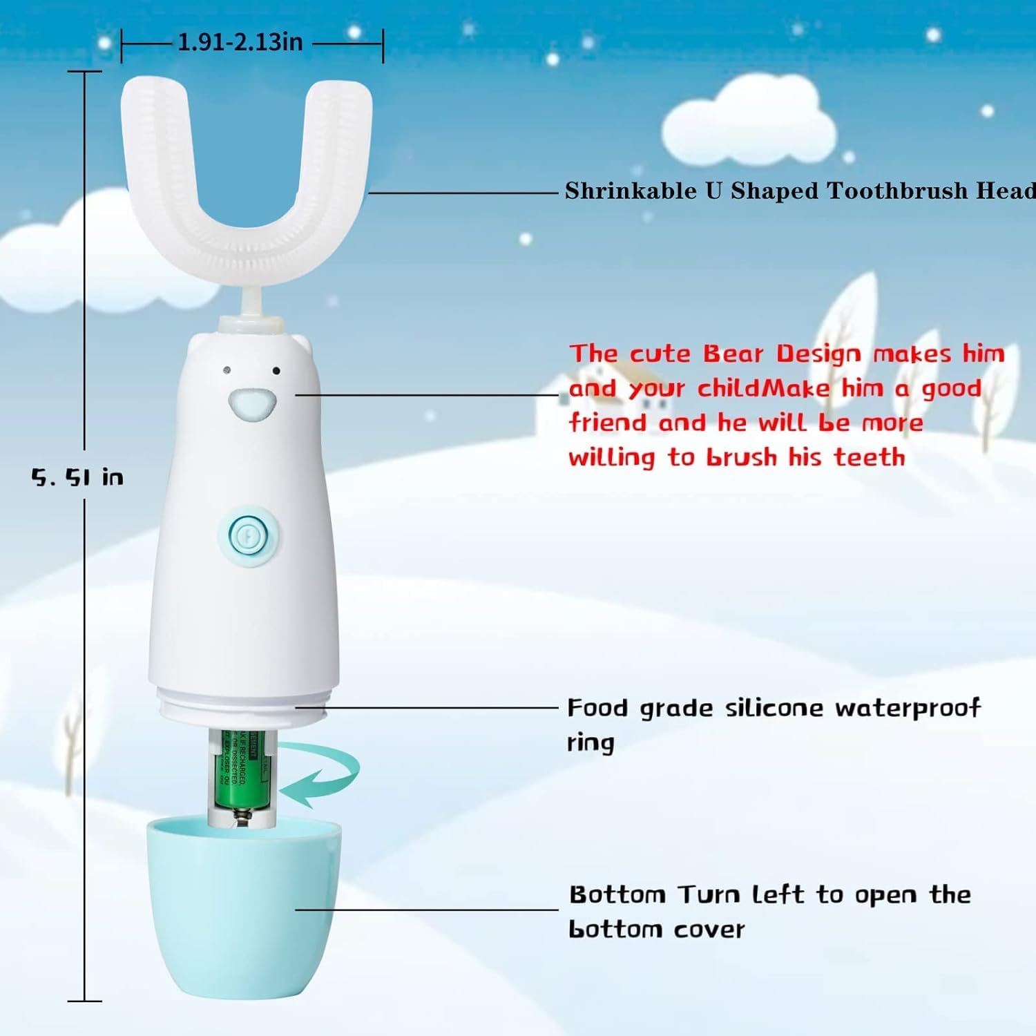 Meqtpomy Kids Electric Toothbrush,6 Cleaning Models Toddler Toothbrush Waterproof Battery Powered 360 Automatic Sonic u Shaped Toothbrushes for 2-7 Years Old for Boys Girls(Blue)