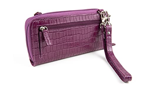 WalletBe Women's Leather RFID Zipper Double Accordion Clutch Wallet with Wristlet Croco Purple
