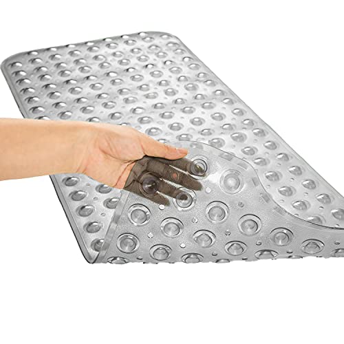 TEESHLY Bathtub Mats for Shower Tub Extra Long Non-Slip Bath Mat, 39 x 16 Inch Shower Mat with Drain Holes and Suction Cups, Bath Tub Mat for Bathroom with Machine Washable (Clear Grey)