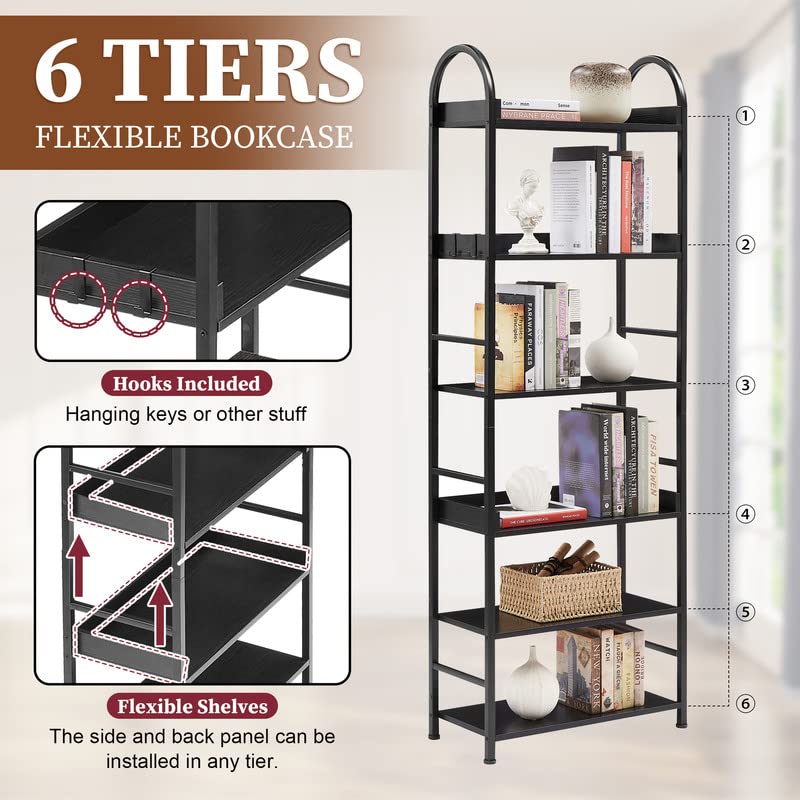 Tejomi 6-Tier Tall Bookshelf, 70.8" Industrial Wooden Bookcase with Open Shelves, Free Standing Metal Storage Rack Display Rack for Living Room, Office, Hallway, Kitchen - Black