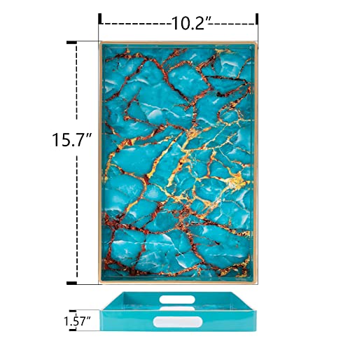 MAONAME Blue Decorative Tray, Plastic Serving Tray with Handles, Coffee Table Tray with Tempered Glass Film, Rectangle Ottoman Tray for Living Room, Bathroom, 15.7β x 10.2β