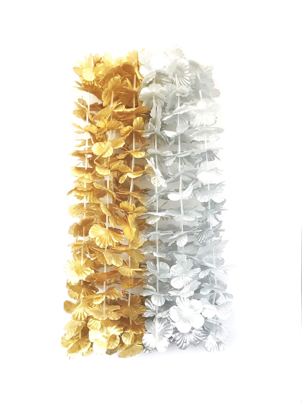 LITTLE FEATHER Hawaiian Flower Lei Luau Party Graduation Leis Metallic Gold and Silver Pack of 6