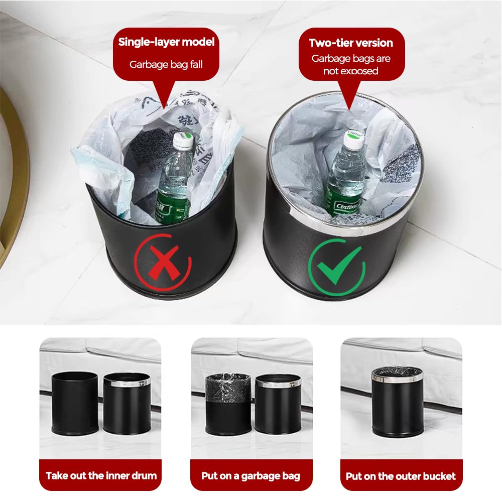 LEASYLIFE,Open Top Hotel Trash Can, Office Metal Black Waste Basket,Round Garbage Can for Hotel,Restaurant,Office