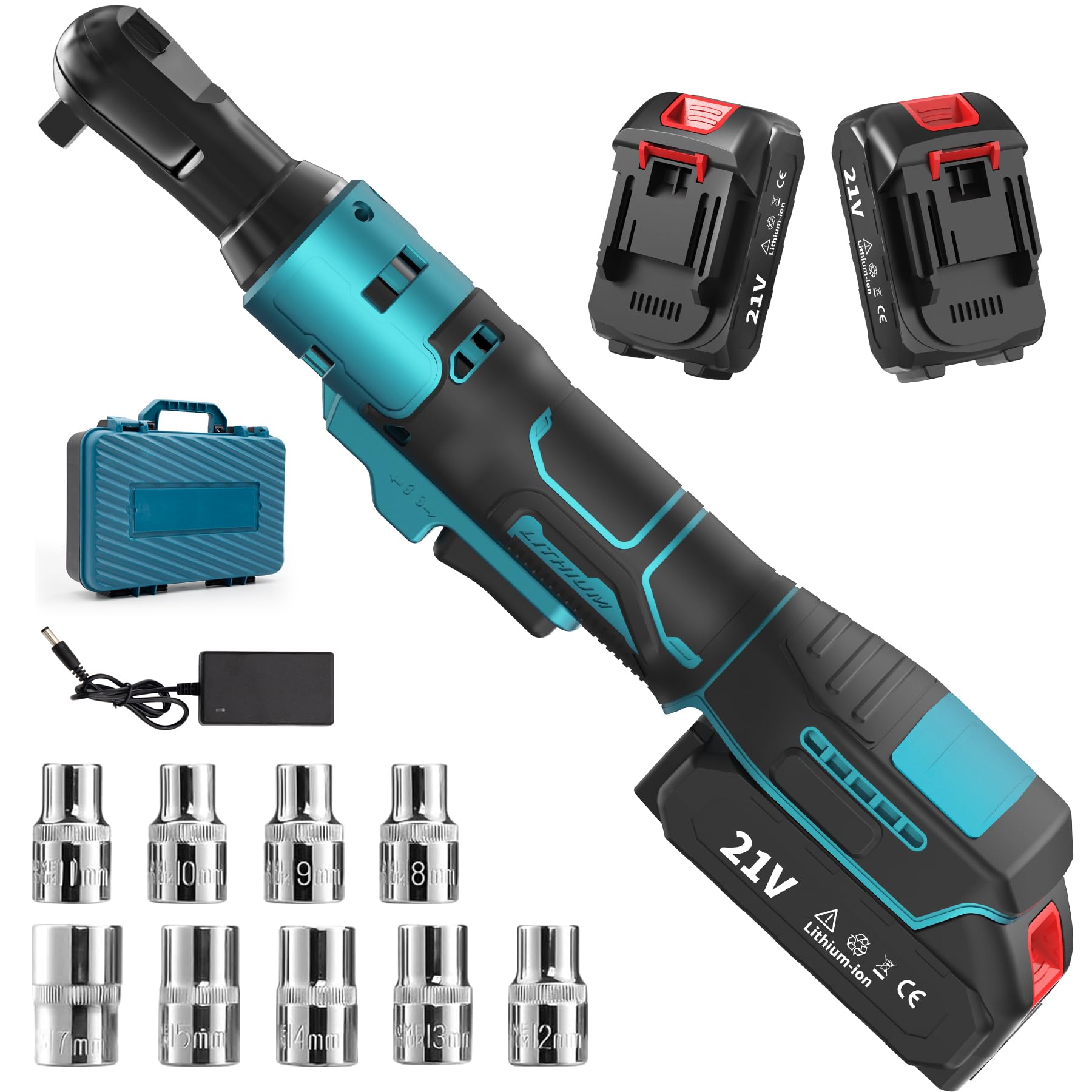 Housiwill 21V 3/8" Cordless Ratchet Wrench Set , Electric Ratchet Wrench Set with 2*2000mAh Li-ion Batteries + 1*2A Charger + 9*Bolt Sockets , 60 ft-lbs 450 RPM Cordless Electric Ratchet Wrench Set.