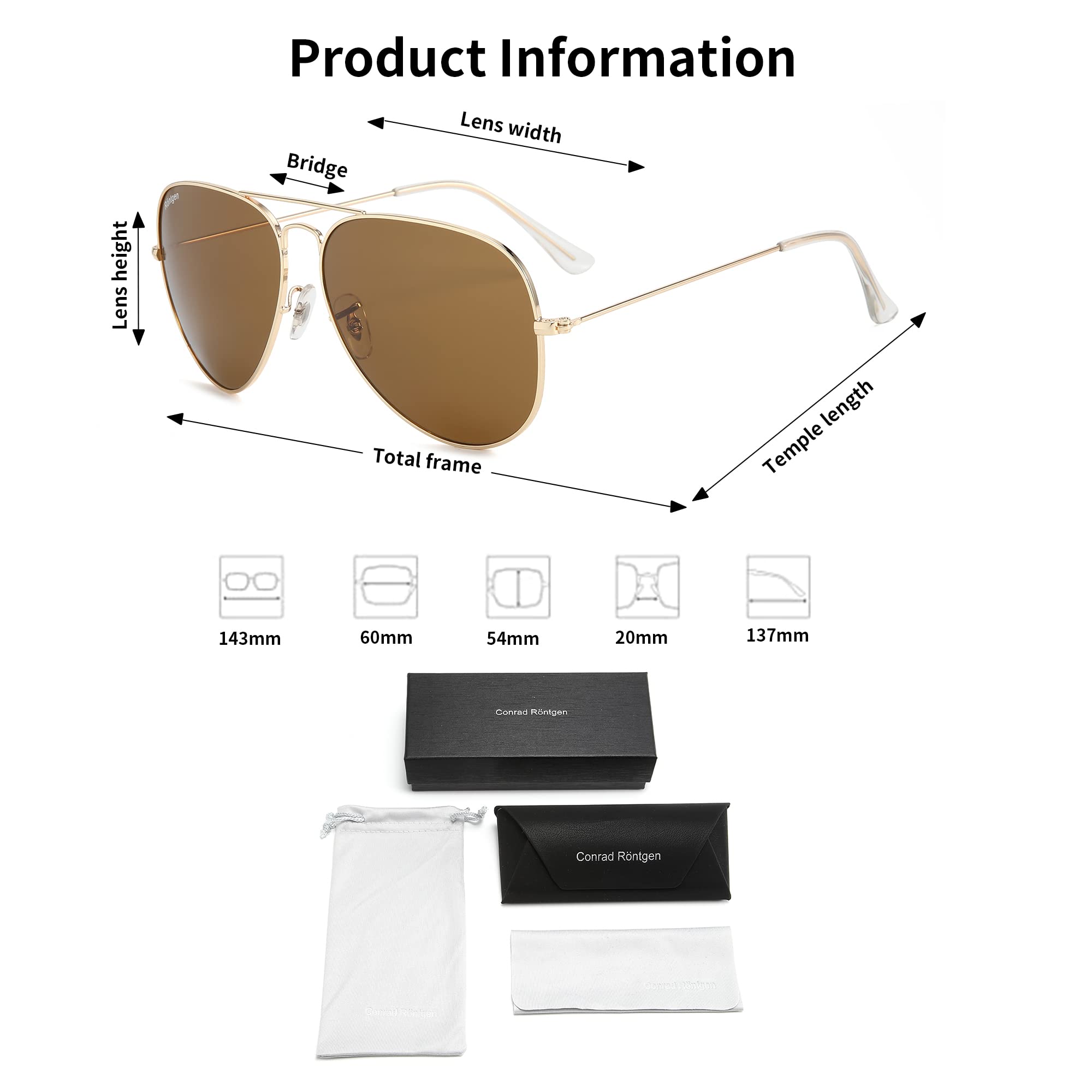 CONRAD RONTGEN Premium Aviator Sunglasses for Men Women Classic Aviators Sun Glasses (Black frame/Grey black lens)