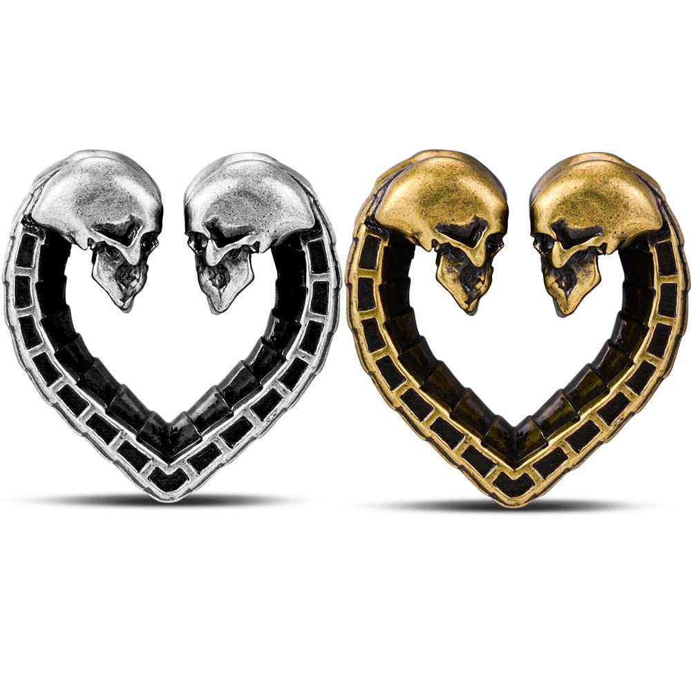 ERKUOO 1 Pair Double Skull Design Saddle Ear Gauges Flesh Gothic Ear Plugs Tunnels Expander Stretcher Piercing Jewelry Earrings 00g(10mm)