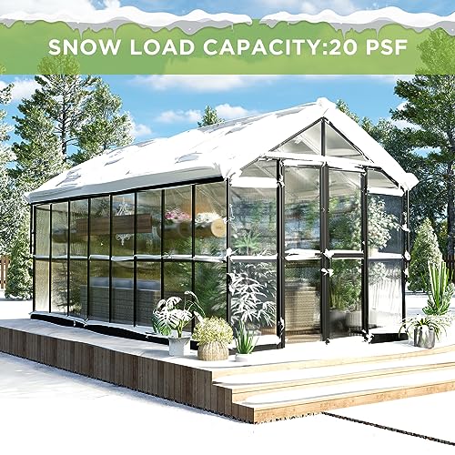 HOWE 8x16x7.5 FT Polycarbonate Greenhouse Double Swing Doors 4 Vents 5.2FT Added Wall Height, Walk-in Large Aluminum Greenhouse Sunroom Winter Greenhouse for Outdoors, Black