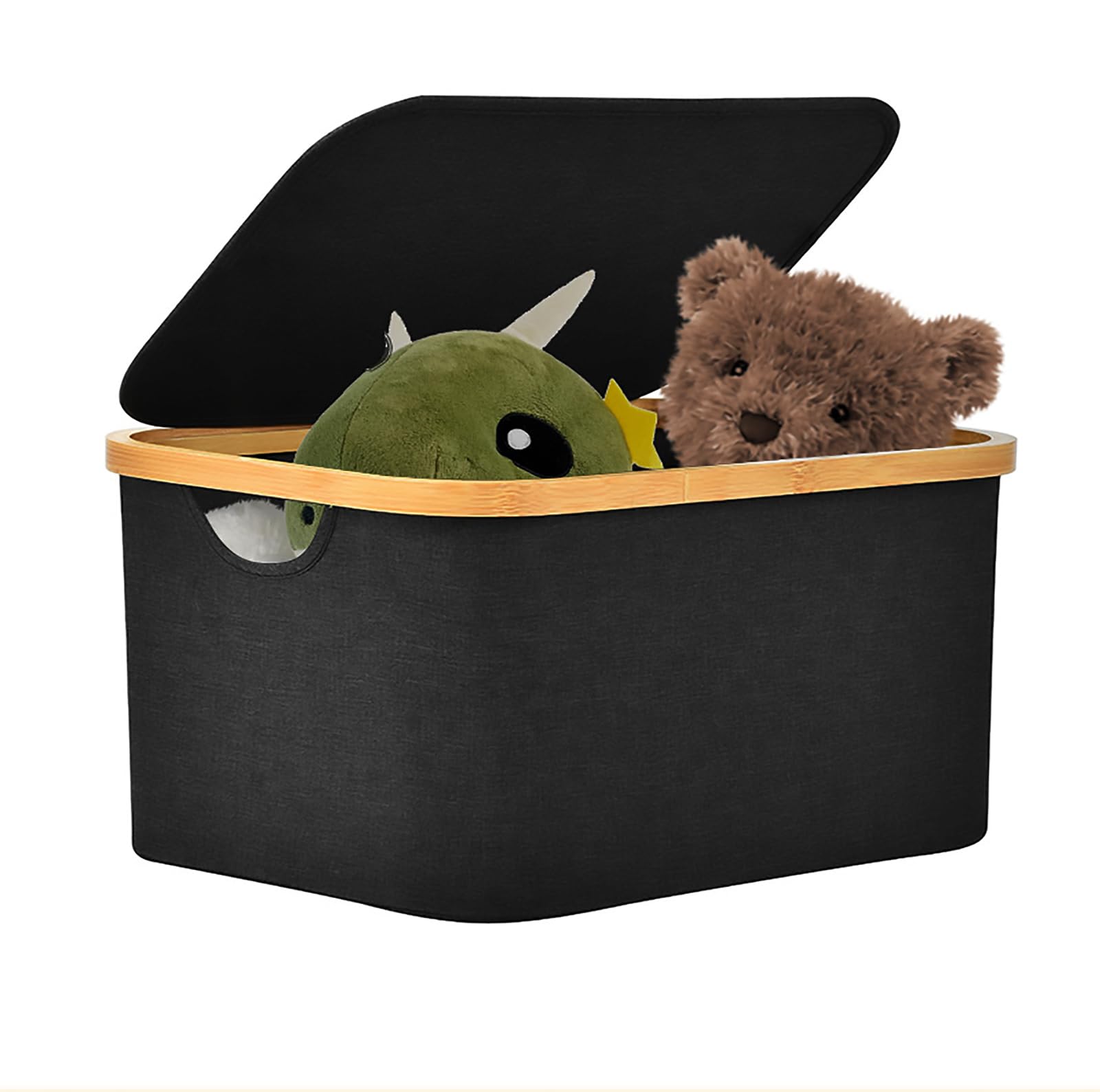 Fabric Storage Basket for Shelves, Black Storage Basket with Bamboo Handles, Collapsible Storage Bins, Rectangle Closet Baskets, Wardrobe Organiser, for Sorting Clothes, Family Items (with lid)