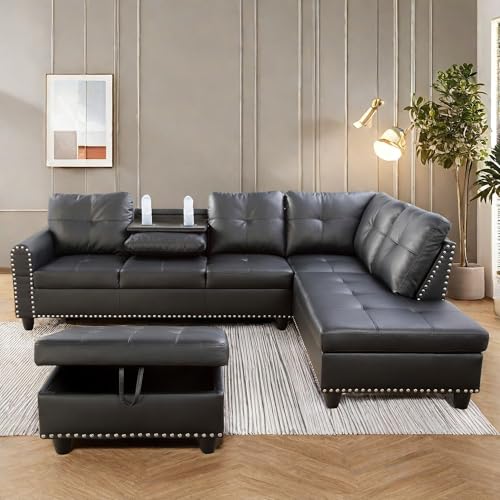 GlasFlength Leather L Shaped Couch with Ottoman, Modern Nail-Head Design Comfy Sectional Sofa with Cup Holder & Chaise for Living Room, Bedroom, Office
