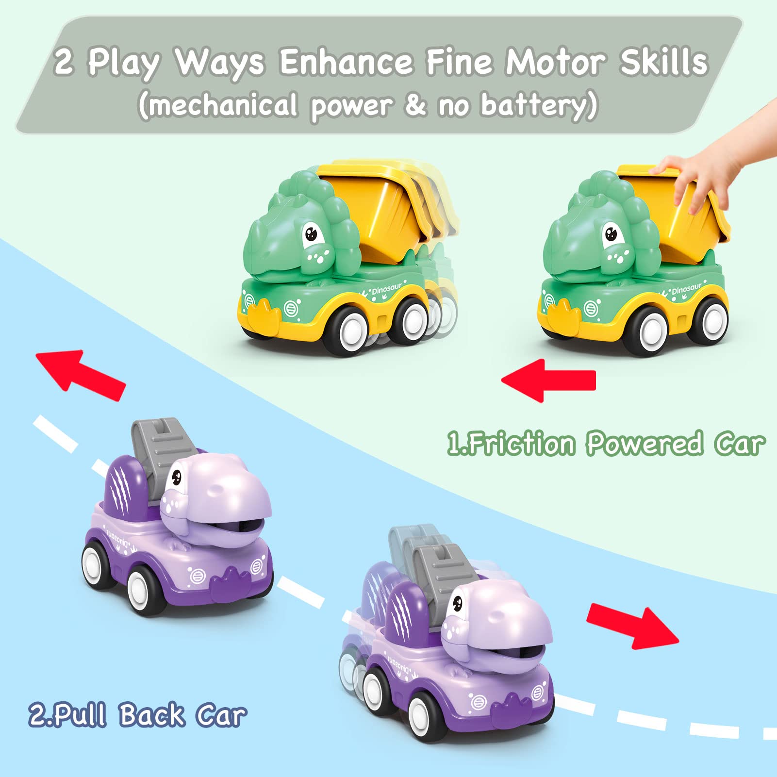 Flypear Toy Cars for 1 Year Old Boy, Dinosaur Pull Back Construction Vehicles with Storage Bag, 6PCS Monster Truck for Toddlers 3-5, Friction Power Cartoon Car Easter Gift
