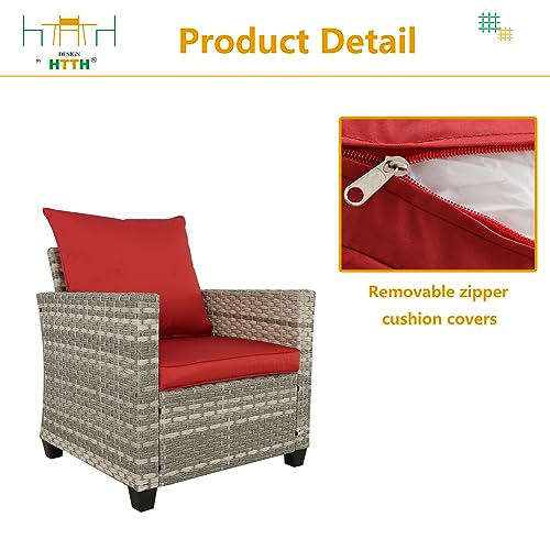 HTTH Patio Furniture Sets PE Rattan Wicker Outdoor Conversation Set Patio Sectional Sets Patio Sofa Couch Set with 2 Ottomans for Porch, Balcony, Lawn (Gray-Red)
