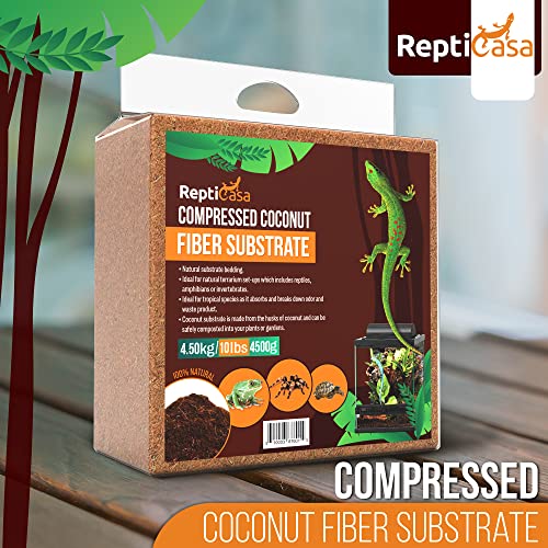 ReptiCasa Compressed Coconut Fiber Substrate, 10 lb. Block, Natural Husk Terrarium Bedding, Reptiles, Frogs, Snakes, or Tortoise, Odor and Waste Absorbent Compostable, Organic with High Expansion