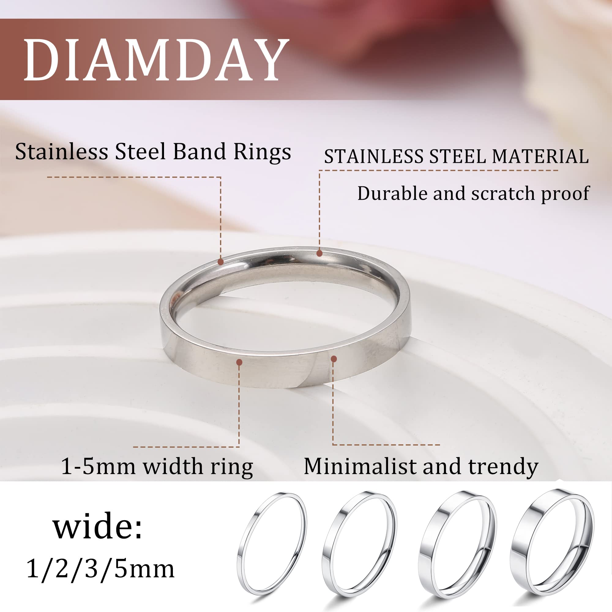 Diamday Simple Stackable Rings for Women Men 316L Stainless Steel Wedding Band High Polish Plain Thumb Promise Statement Rings Pack Size 7