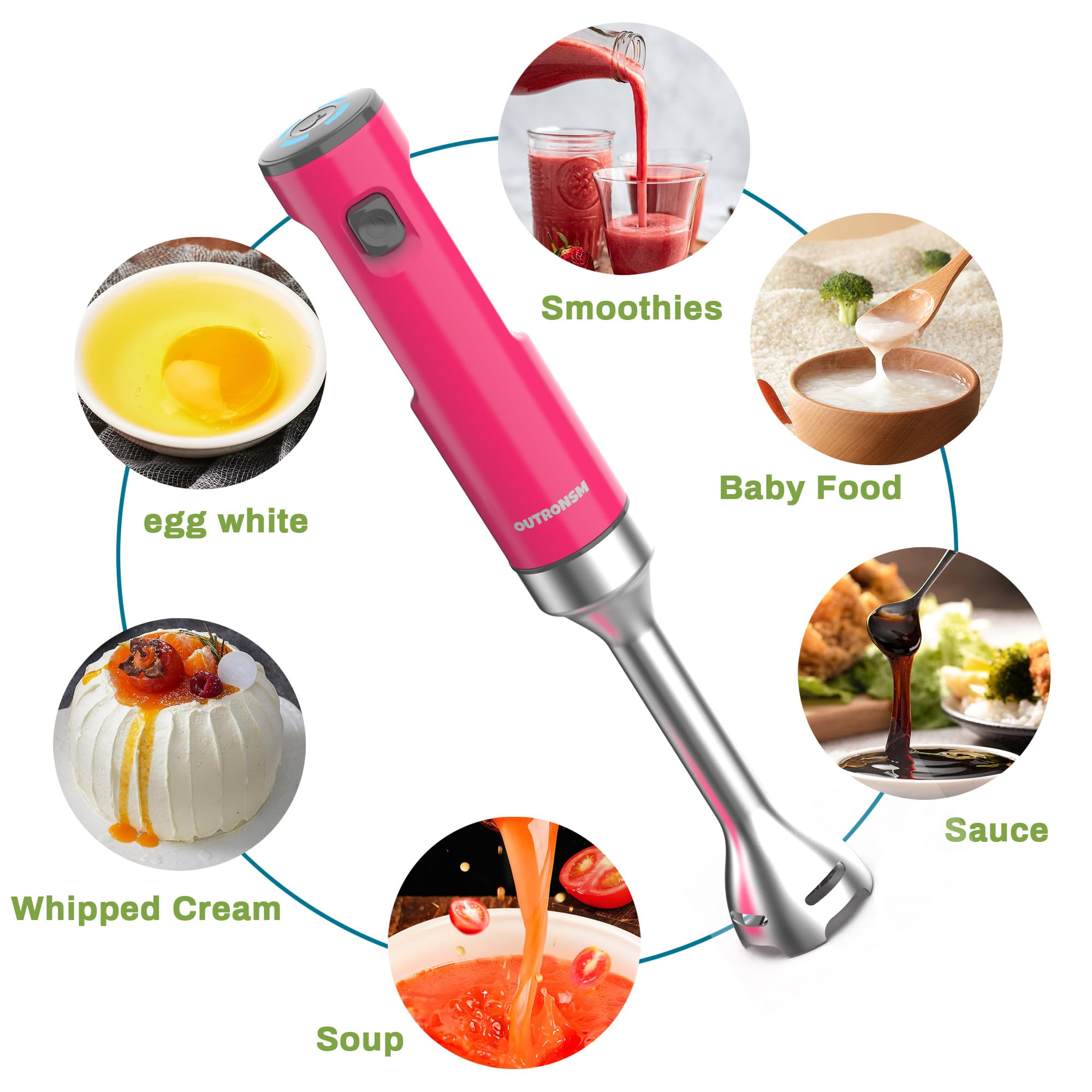 Cordless Hand Blender, OUTRONSM Cordless Immersion Blender Rechargeable, with Charging Cable, Egg Whisk, for Smoothies, Milkshakes, Hummus and Soups β Red
