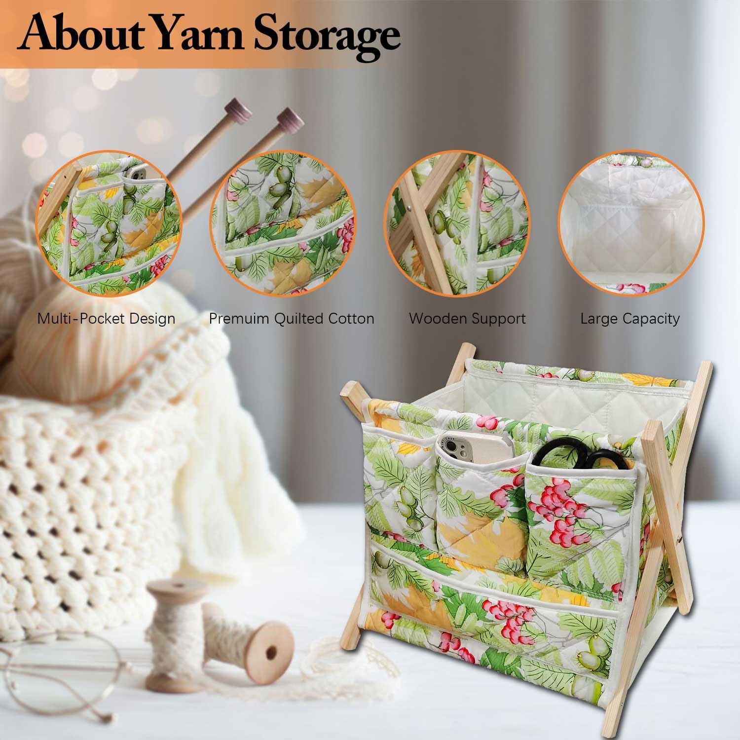Gkesgm Yarn Storage Organizer for Yarn Skeins,Large Crochet Yarn Holder Case for Carrying Projects, Knitting Needles, Crochet Hooks and Other Accessories