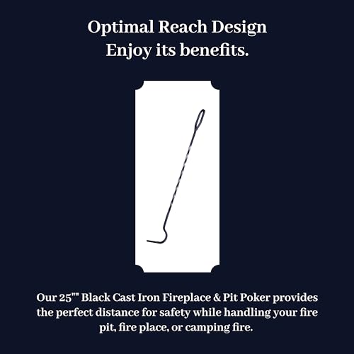FLAMELY 25"" Black Cast Iron Fireplace & Pit Poker - Rust Resistant Powder Coated Poker Stick for Indoor/Outdoor Use, Modern Minimalistic Design & Optimal Reach for Safety - Fireplace Tool Accessory.