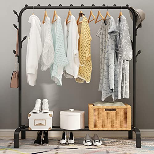 Iron Clothing Rack with Good Load-bearing, Garment Rack with Bottom Shelves, Sturdy Coat Rack for Hanging and Drying Clothes, Shirts and Blanket, 59.06" x 43.31" x 16.93" (Black)