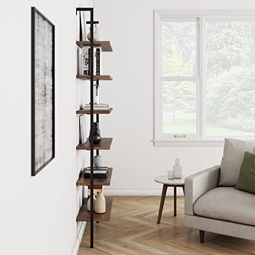 Nathan James Theo 6-Shelf Tall Bookcase, Wall Mount Bookshelf with Reclaimed Wood and Industrial Metal Frame, Oak/Black
