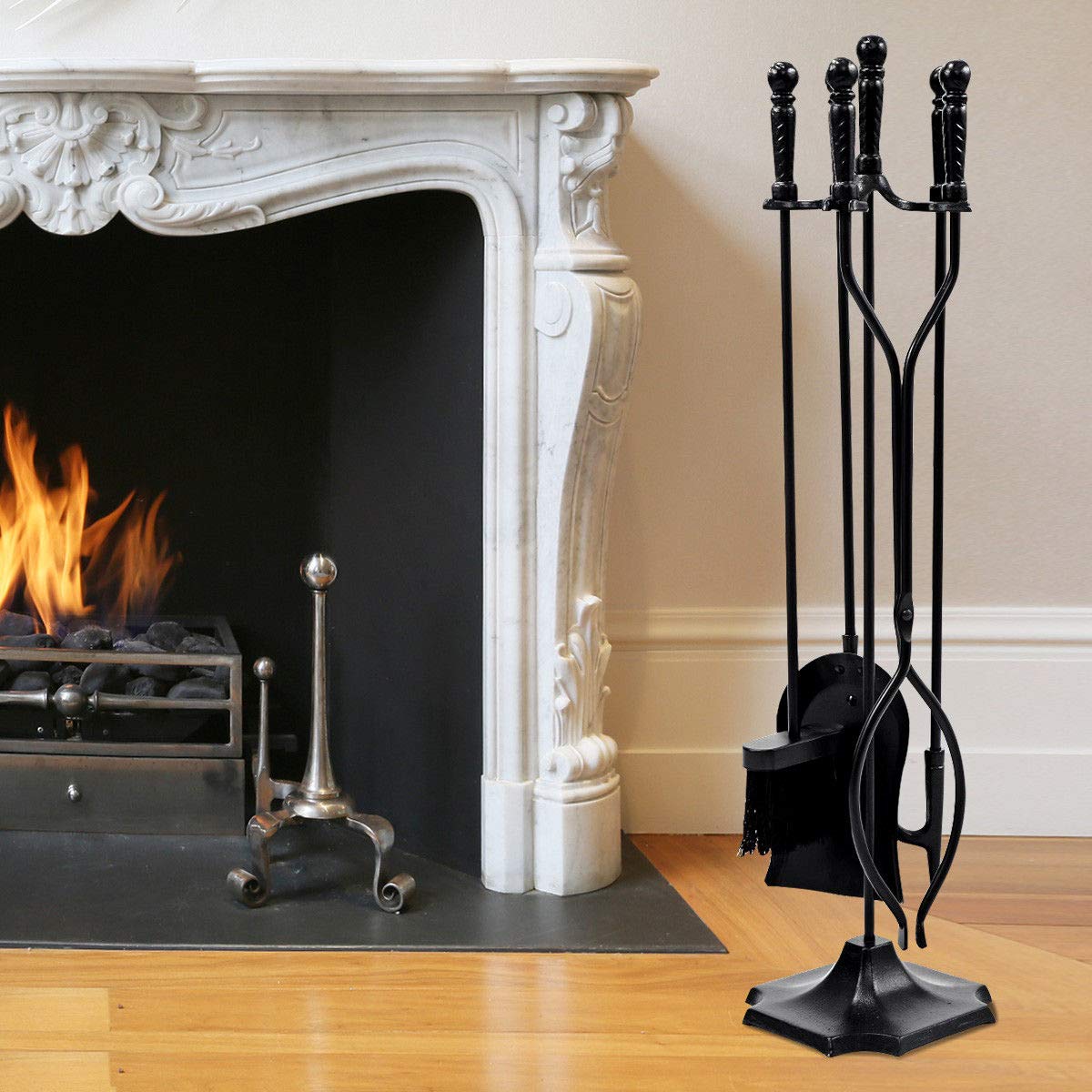 Tangkula 32 inch Fireplace Set 5 Piece Rustic Heavy Duty Compact Wrought Iron Fire Place Tool Set with Pedestal Place, Hearth Tool