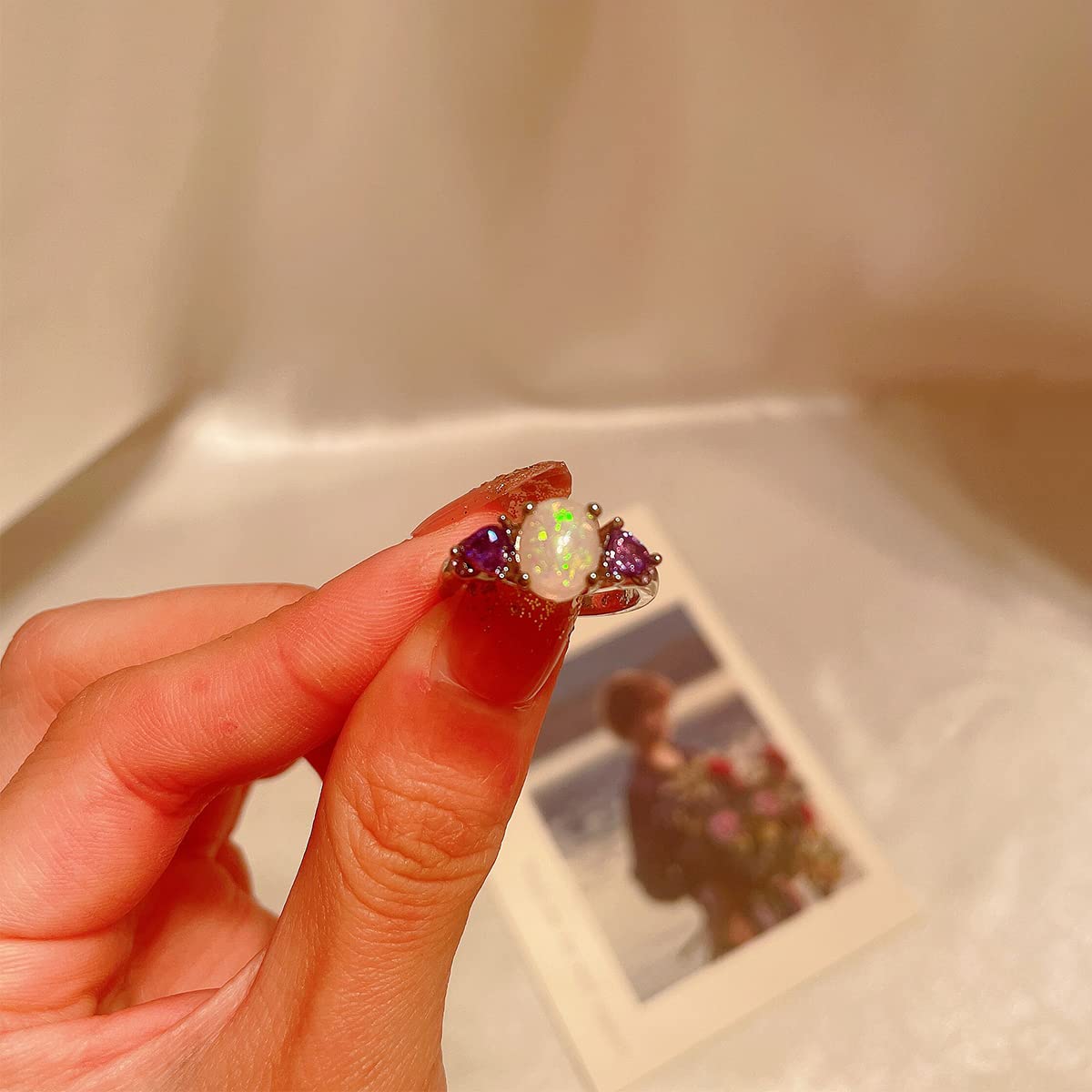 ERLOSYA Women's 925 Sterling Silver White Fire Opal Ring Oval Cut Purple Amethyst Cubic Zirconia Ring Jewelry Birthday Gift Gemstone Anniversary Size 6-9 (#7)