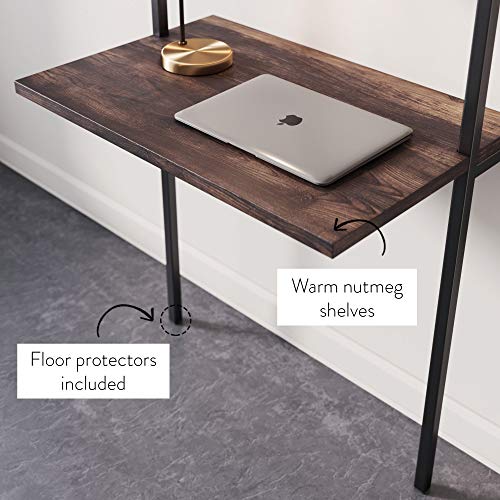 Nathan James Theo 2-Shelf Industrial Wall Mount Ladder Table, Nutmeg/Matte Black & Theo 4-Shelf Bookcase, Floating Wall Mount Shelves with Natural Wood and Industrial Pipe Metal Frame, Nutmeg/Black