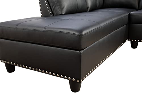 GlasFlength Leather L Shaped Couch with Ottoman, Modern Nail-Head Design Comfy Sectional Sofa with Cup Holder & Chaise for Living Room, Bedroom, Office