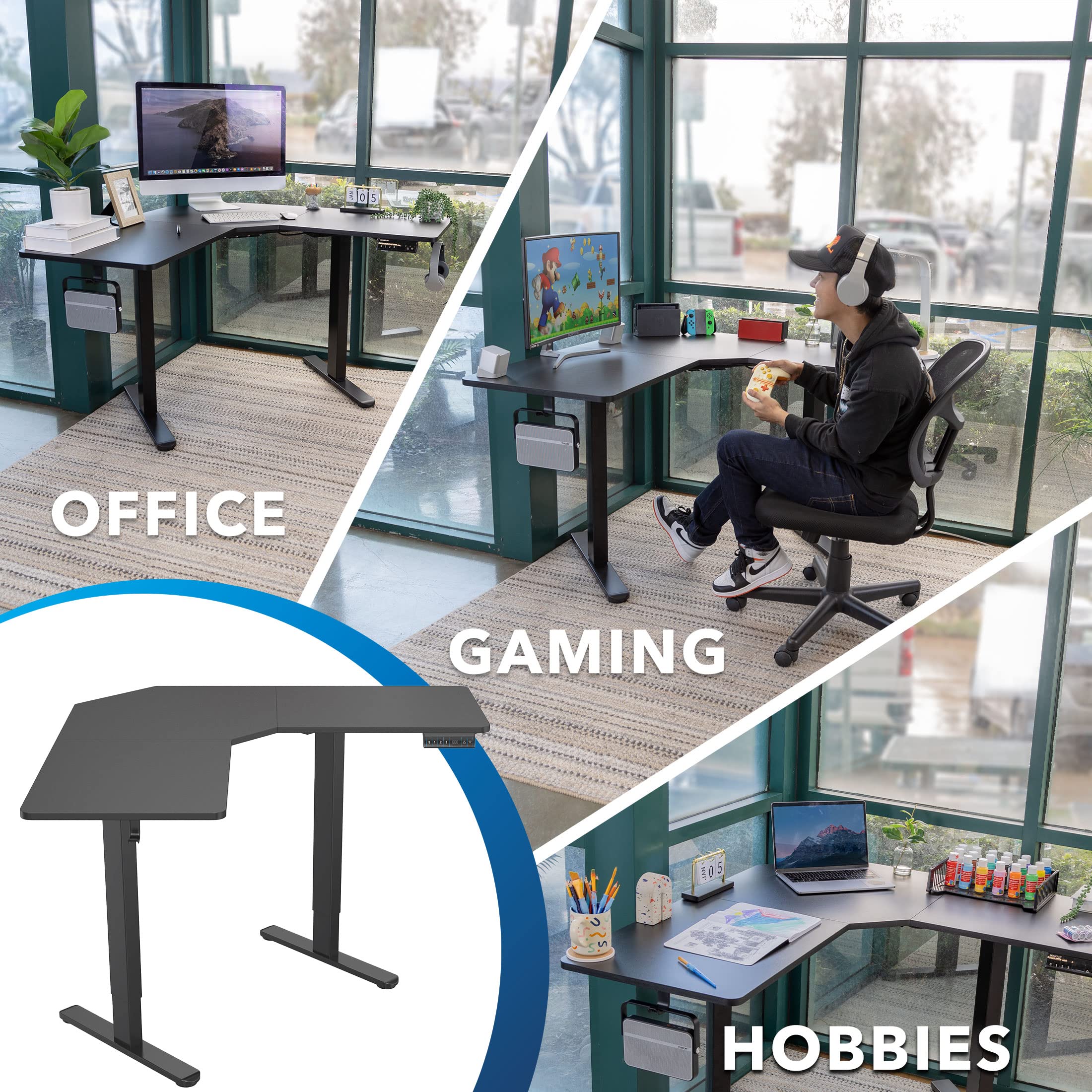Mount-It! Electric Height Adjustable Corner Stand Up Desk, Black Steel Frame L-Shaped Standing Workstation for Corners, Automatic Sit Stand Desk, Smoothly Raises from 28.3" to 47.2", Home Office