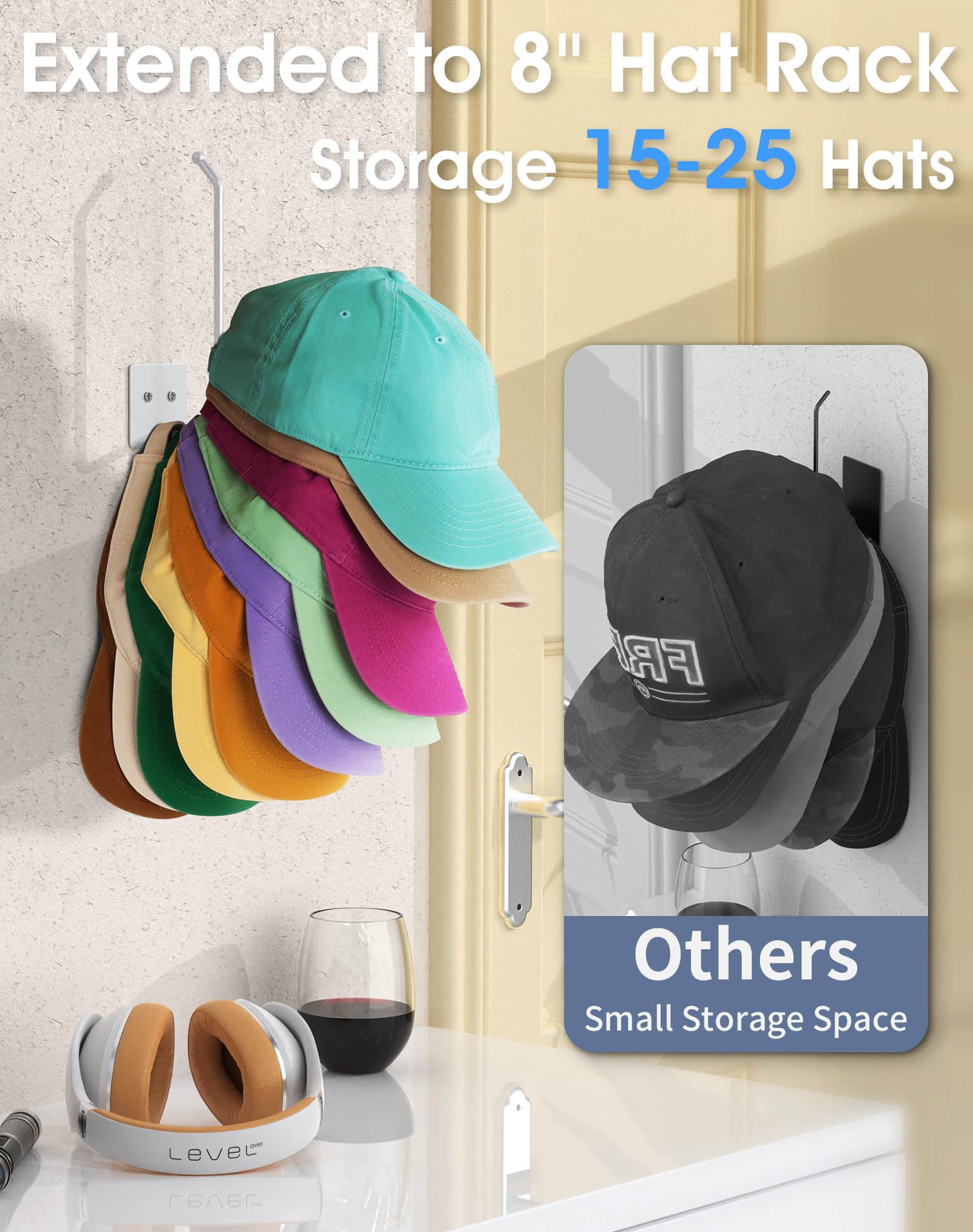 Ginyoyo 8 Inch Hat Rack, 2 Pcs Stainless Steel Hat Organizer for Baseball Caps, Hat Hooks for Wall, Adhesive/Drilling Hat Holder Storage Organizer for Wall Closet Door, Black